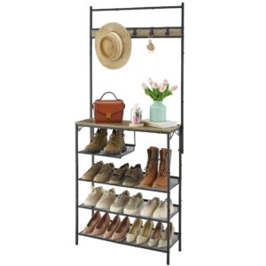 hoctieon 5-tier hall tree with shoe rack, hall trees for entryway with storage, hall tree with bench and shoe storage, mesh slant, greige