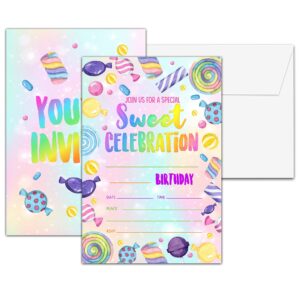 chuxvon sweet celebration birthday party invitations, sweet candy birthday invitation, double-sided rainbow tie dye fill in invites, kids birthday party decorations, 20 cards with 20 envelopes(c11)