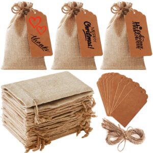 25pcs burlap gift bags with drawstring, 4x6" burlap gift bags and gift tags, wedding hessian linen sacks bag, jewelry pouches burlap bags, gift bags for birthday, party, present, wedding favors, art