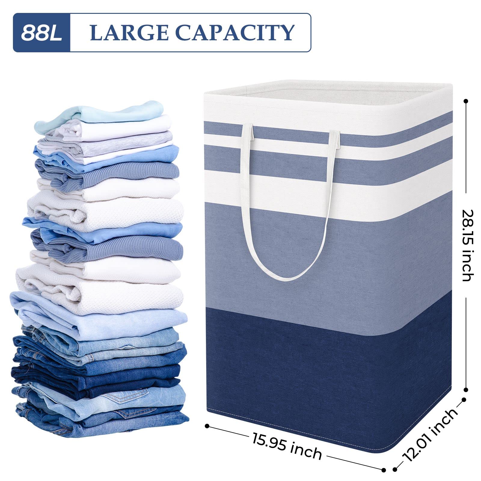 EpicTotes 1-Pack Large Laundry Basket, Collapsible Laundry Hamper, Freestanding Waterproof Laundry Bag, Tall Clothes Hamper-Extended&Reinforced Handles-for College Dorm, Family-Gradient Blue/88L