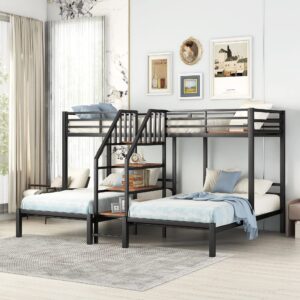 lz leisure zone metal twin over twin & twin bunk bed, twin triple bunk bed with storage, shelves and staircase, bunk bed twin size, no box spring needed, black