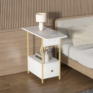 Yenlure Side Table Night Stands End Table with Charging Station Drawers Small Nightstand Bedroom Narrow Nightstand for Small Spaces Nightstand White