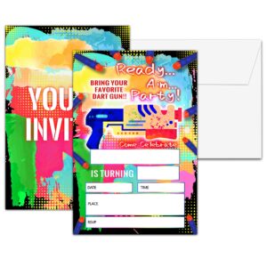 chuxvon dart guns birthday party invitations, darts birthday invitation, double-sided fill in invites, kids dart gun birthday party decorations, 20 cards with 20 envelopes(c15)