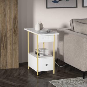 Yenlure Side Table Night Stands End Table with Charging Station Drawers Small Nightstand Bedroom Narrow Nightstand for Small Spaces Nightstand White