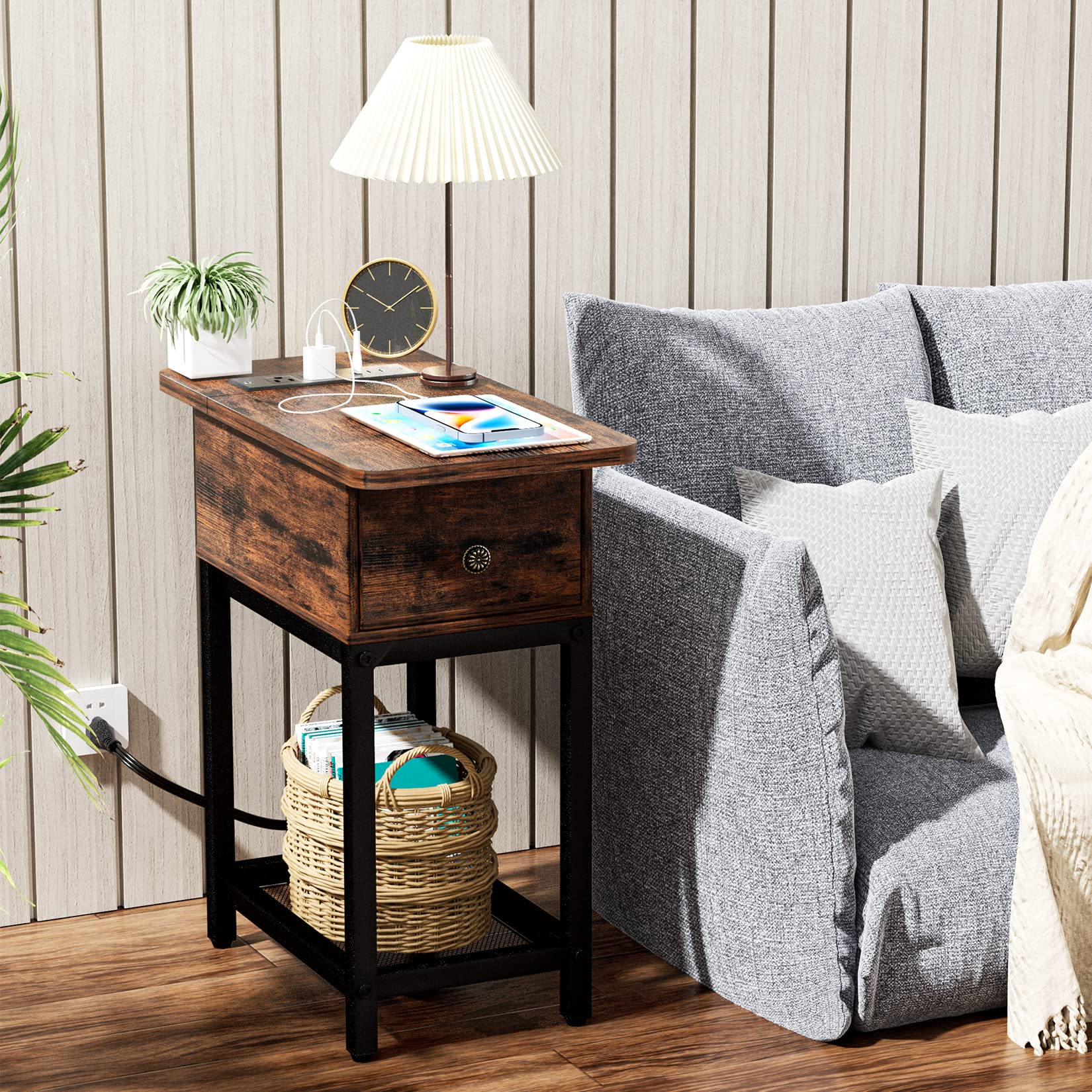 Yenlure Side Table Night Stands End Table with Charging Station Drawers Narrow End Tables Living Room Bedroom Side Table for Small Spaces Rustic Brown