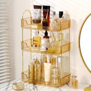 invssene bathroom organizer countertop, vanity organizer trays for bathroom counter, bathroom tray counter organizer, plastic tray stand for perfume, makeup, skincare(clear, 3 tiers)