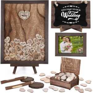 durony wedding guest book set drop top frame sign book with 122 pieces wooden hearts wooden picture frame rustic wedding decorations for reception wedding gift, log brown