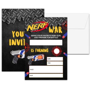 chuxvon dart guns birthday party invitations, darts birthday invitation, double-sided fill in invites, kids dart gun birthday party decorations, 20 cards with 20 envelopes(c16)