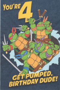 teenage mutant ninja turtles happy 4th fourth birthday card (age 4) - you're 4 get pumped, birthday dude! - the ninja turtles are here to wish you a totally awesome and epic birthday! -color me