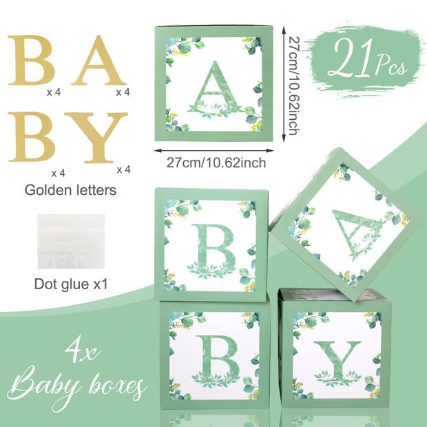 DataMoon 125PCS Sage Green Baby Shower Decorations - Retro Green and Gold Balloons Different Sizes, Green Baby Backdrop and Sage Green Baby Boxes for Gender Reveal, Birthday, Woodland Jungle Party