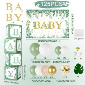 DataMoon 125PCS Sage Green Baby Shower Decorations - Retro Green and Gold Balloons Different Sizes, Green Baby Backdrop and Sage Green Baby Boxes for Gender Reveal, Birthday, Woodland Jungle Party