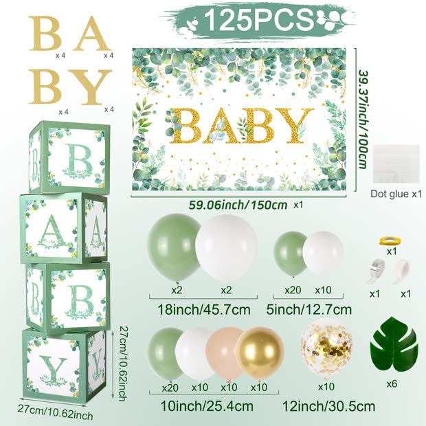 DataMoon 125PCS Sage Green Baby Shower Decorations - Retro Green and Gold Balloons Different Sizes, Green Baby Backdrop and Sage Green Baby Boxes for Gender Reveal, Birthday, Woodland Jungle Party