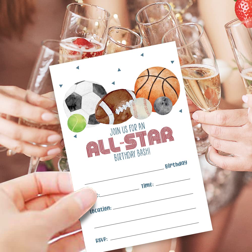 Haizct Join Us For An All-star Party Invitations Cards with Envelopes (15 Count) for Adult Teens, Funny Watercolor Balls Birthday Party Football Soccer Basketball Party Invites