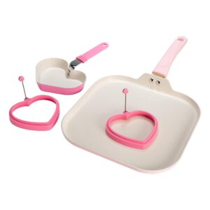 paris hilton breakfast ceramic nonstick cookware set, includes square griddle, mini heart shaped fry pan and two silicone heart shaped egg rings, 4-piece set, pink