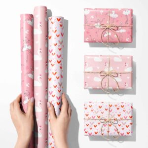 woparty pink wrapping paper roll for gril- ballet, swan, heart style with cut lines for birthday, holiday, wedding, baby shower - 3 rolls - 17 in x 120 in per roll