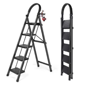 timati 5 step ladder, folding step stool, wide steps with handrail anti-slip step ladder with handgrip, sturdy steel ladder, lightweight and portable step ladder for home, library, office, garage