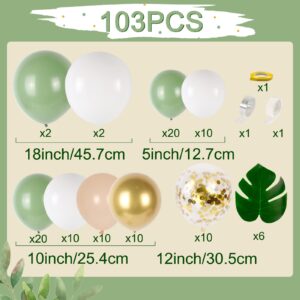 DataMoon 125PCS Sage Green Baby Shower Decorations - Retro Green and Gold Balloons Different Sizes, Green Baby Backdrop and Sage Green Baby Boxes for Gender Reveal, Birthday, Woodland Jungle Party