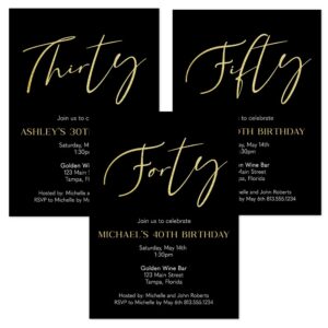 birthday party invitations 30th 40th 50th thirty forty fifty milestone bday black gold 30 40 50 customized printed invites (12 count)