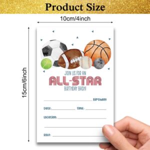 Haizct Join Us For An All-star Party Invitations Cards with Envelopes (15 Count) for Adult Teens, Funny Watercolor Balls Birthday Party Football Soccer Basketball Party Invites