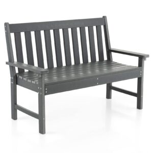 giantex outdoor bench, 52-inch outside bench all-weather hdpe park bench with backrest and armrests, 705 lbs weight capacity, 2-person slatted patio bench for porch, yard, lawn, garden bench (grey)