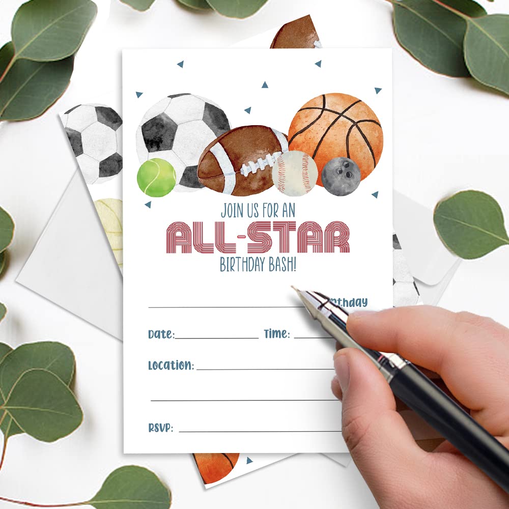 Haizct Join Us For An All-star Party Invitations Cards with Envelopes (15 Count) for Adult Teens, Funny Watercolor Balls Birthday Party Football Soccer Basketball Party Invites