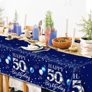 GREHUMOR 3Pcs 50th Birthday Tablecloth Decorations Sliver and Blue Table Cover Plastic 50th Happy Birthday Party Supplies for Men Women Disposable Waterproof Birthday Table Decorations…