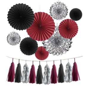 24pcs maroon decorations burgundy black silver party paper streamers tassel banner garland paper flower fans wall hanging backdrop graduation birthday bridal shower wedding décor