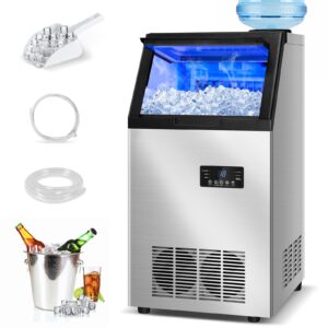 commercial ice maker machine, 140lbs/24 with 2 water inlet modes, 45pcs ice cubes 8 mins, 15" stainless steel under counter/freestanding ice machine with 35lbs storage bin for home/shop/office/bar