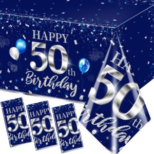 grehumor 3pcs 50th birthday tablecloth decorations sliver and blue table cover plastic 50th happy birthday party supplies for men women disposable waterproof birthday table decorations…