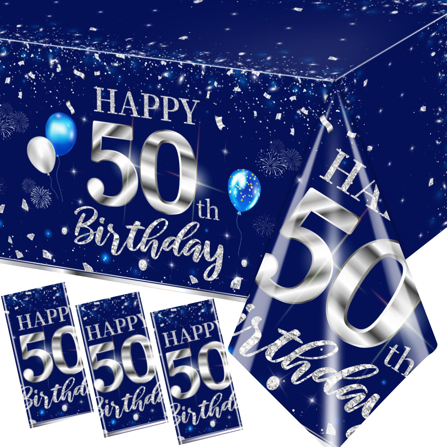 GREHUMOR 3Pcs 50th Birthday Tablecloth Decorations Sliver and Blue Table Cover Plastic 50th Happy Birthday Party Supplies for Men Women Disposable Waterproof Birthday Table Decorations…