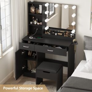 Fameill Makeup Vanity Desk with Lighted Mirror & Power Strip,Black Vanity Table Set with Lights and Lots Storage,2 Drawer Makeup Table,3 Lighting Colors,35.4in(L)