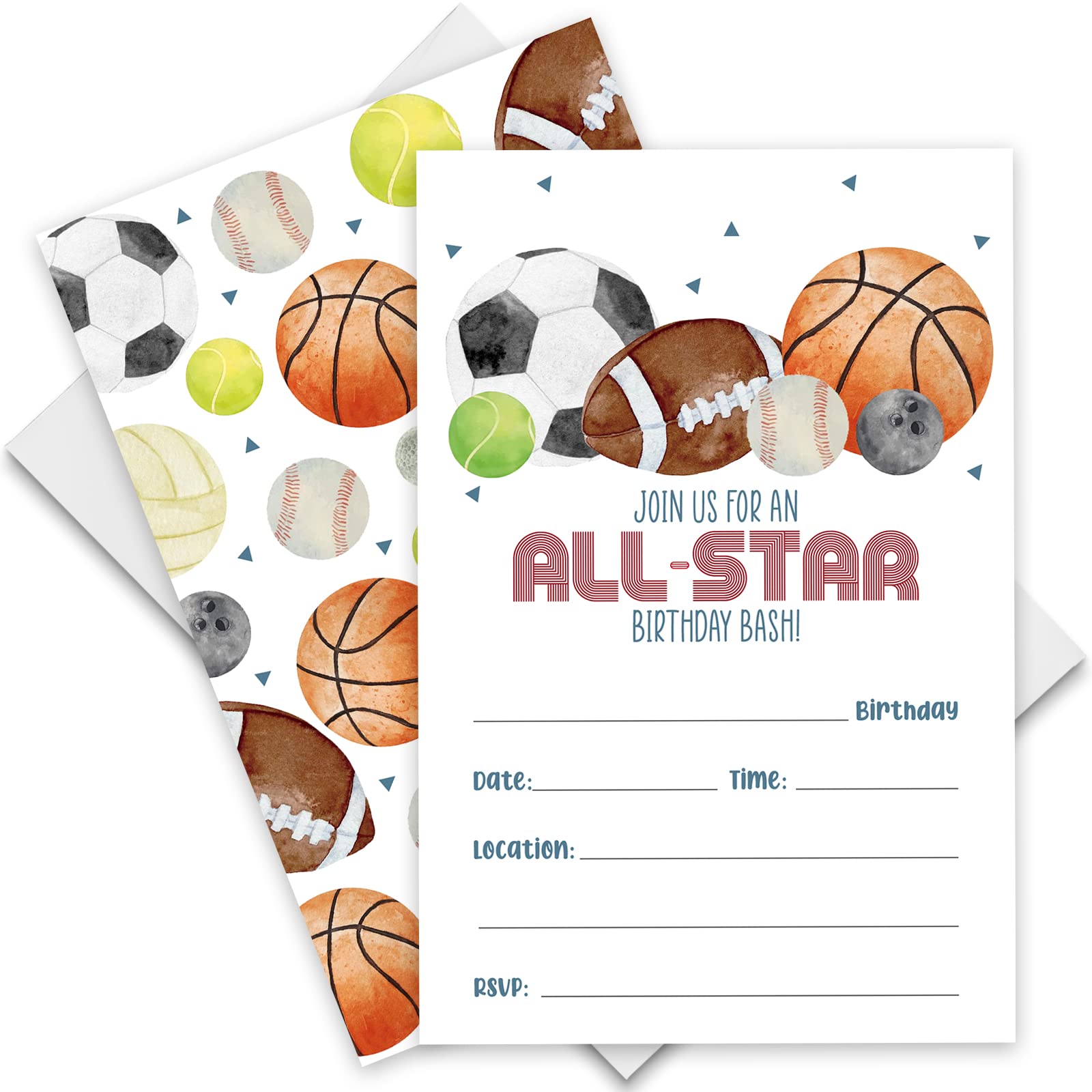 Haizct Join Us For An All-star Party Invitations Cards with Envelopes (15 Count) for Adult Teens, Funny Watercolor Balls Birthday Party Football Soccer Basketball Party Invites