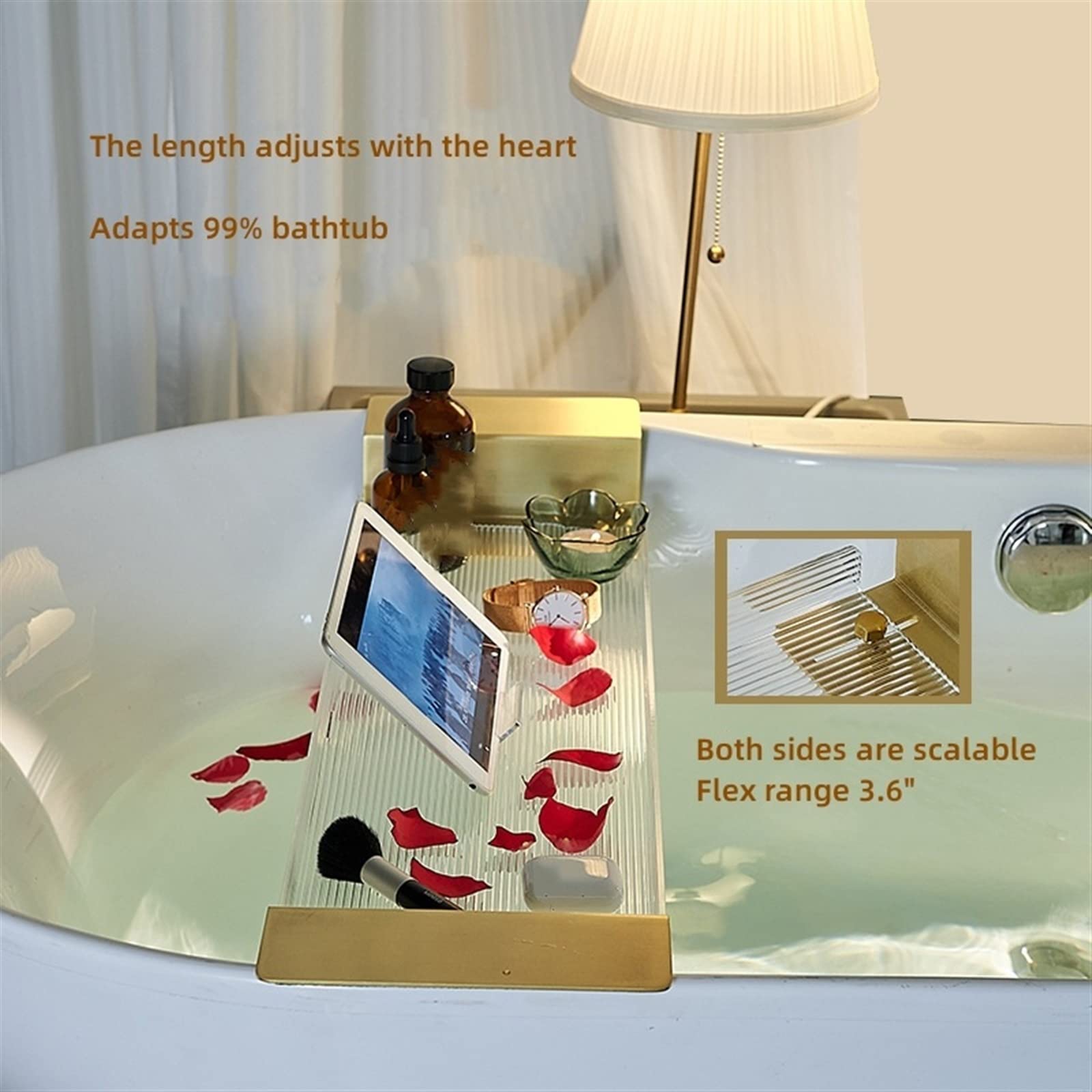 Acrylic Bathtub Tray Caddy Non-Slip Bath Tub Tray Table with Gold Brushed Handles,Reading Rack,Tablet Holder,Cellphone Tray and Wine Glass Holder (Size : Ripple+retractable-31.5")