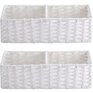 vagusicc 2-section wicker storage basket, hand-woven paper rope wicker baskets, toilet paper basket for toilet tank top, baskets for organizing, 2-pack, white