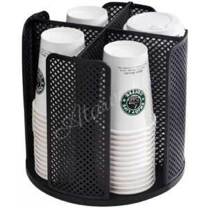 rotatable coffee cup dispenser with 4 compartments, atavarna cups and lids holder for 5-16oz cups organizer for restaurant, coffee station, bar, office, home-9.25" x 9.25" x 8.66"