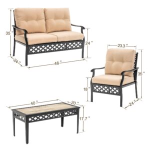 ivinta 4 Pieces Outdoor Furniture Sets Patio Furniture Set with Coffee Table, Modern Wrought Iron Bistro Set, Sectional Conversation Sets for Home, Garden, Patio, Lawn, Poolside, STEEL14-BG (Beige)