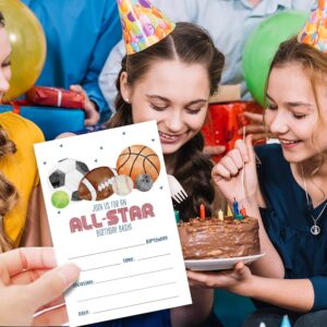 Haizct Join Us For An All-star Party Invitations Cards with Envelopes (15 Count) for Adult Teens, Funny Watercolor Balls Birthday Party Football Soccer Basketball Party Invites