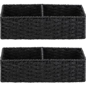 vagusicc 2-section wicker storage basket, hand-woven paper rope wicker baskets, toilet tank basket, baskets for organizing, 2-pack, black