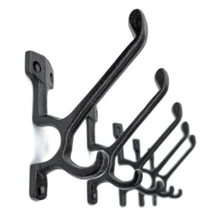 5 pack decorative cast iron heavy duty double hooks, wall mounted coat hooks, vintage inspired (antique black) (type-7 type)