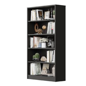 sunon wood bookcase 5-shelf freestanding display wooden bookshelf for home office school (11.6'' d*33'' w*59.8'' h,black)