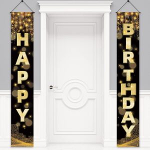 happy birthday decorations banner for men women boys girls, black gold birthday porch sign birthday party supplies background for birthday party favor door decorations, 72 x 12 inch