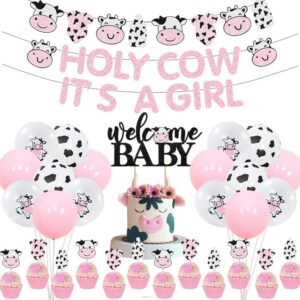 cheereveal cow print baby shower decorations girl, holy cow it's a girl baby shower decorations, pink cow garland, welcome baby cake toppers for farm animal floral girl baby shower party decoration