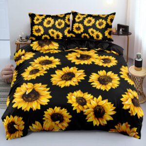 holiyjog sunflower duvet cover set queen size sunflowers on black background bedding set comforter cover and pillow shams yellow sunflowers bedding set sunflower decor for bedroom