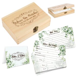 1dfaul 60pcs bridal shower advice cards, greenery advice and wishes for the mr and mrs, advice cards for bride and groom wood box kit for bridal shower games wedding decorations