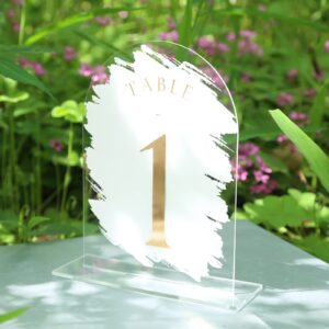 uniqooo white painted arch wedding table numbers with stands 1-20, gold foil printed 5x7 acrylic signs and holders, perfect for centerpiece, reception, decoration, party, anniversary, event