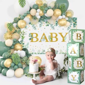 DataMoon 125PCS Sage Green Baby Shower Decorations - Retro Green and Gold Balloons Different Sizes, Green Baby Backdrop and Sage Green Baby Boxes for Gender Reveal, Birthday, Woodland Jungle Party