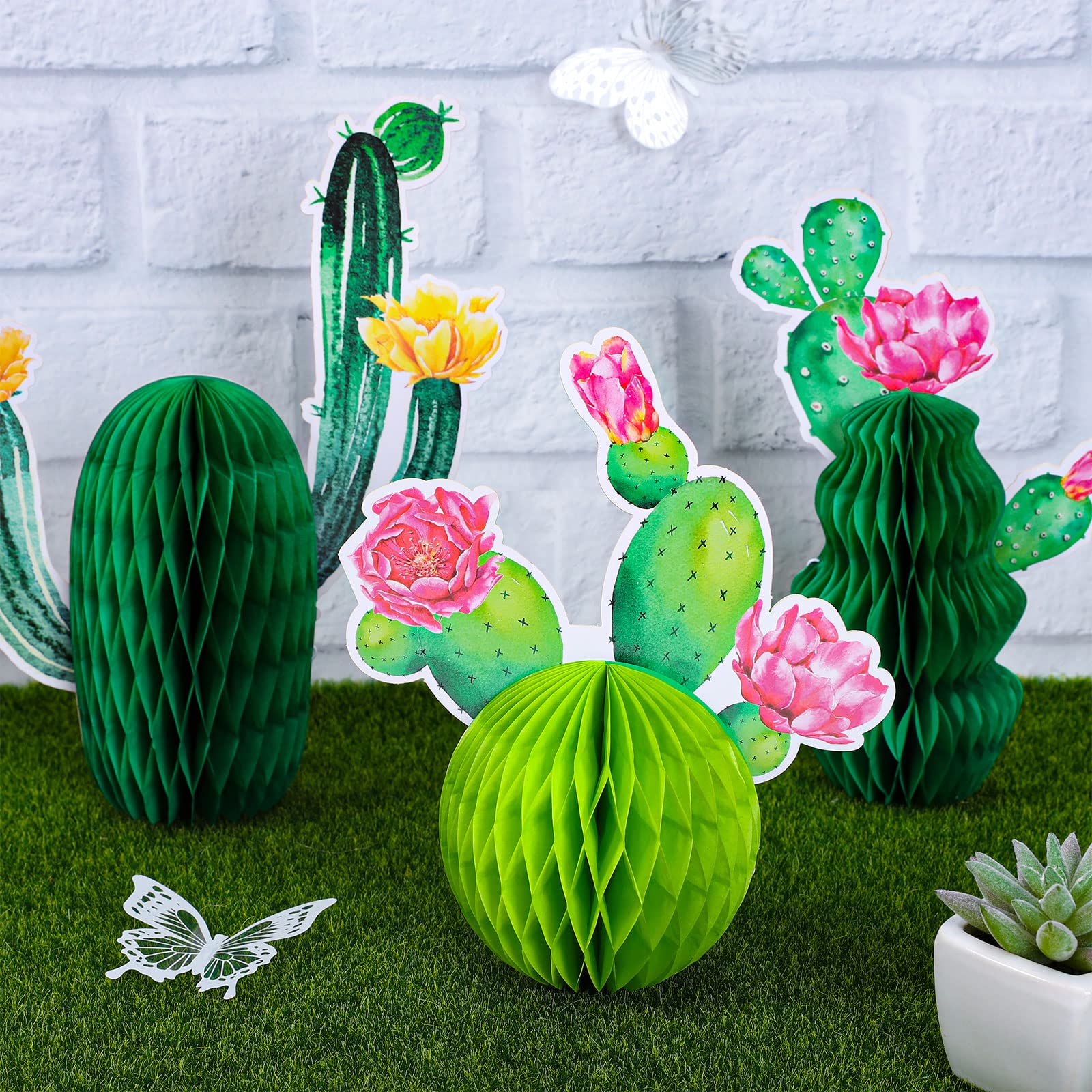 Whaline 6Pcs Cactus Honeycomb Centerpieces Succulent Plants Paper Table Topper Greenery Bloom Theme Summer Party Table Decoration for Birthday Hawaiian Luau Baby Shower Photography, 3 Design