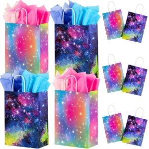 gitmiws 24 pack galaxy gift bags with tissues - 8.7'' small galaxy party favor bags with handles, paper goodie treat bags for kids birthday, baby shower galaxy party supplies