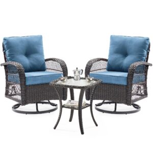 udpatio 3 pieces patio furniture set, outdoor swivel gliders rocker, wicker patio bistro set with rattan rocking chair, glass top side table and thickened cushions for porch deck backyard (blue)