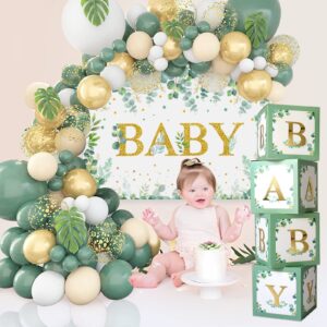 DataMoon 125PCS Sage Green Baby Shower Decorations - Retro Green and Gold Balloons Different Sizes, Green Baby Backdrop and Sage Green Baby Boxes for Gender Reveal, Birthday, Woodland Jungle Party